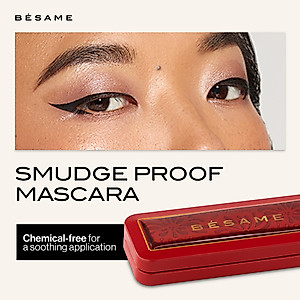 Besame Black Cake Mascara, Liquid Eyeliner & Brow Definer with Spoolie & Brush – Natural-Looking Lashes with Length & Definition, Water-Activated, No Harsh Chemicals, Vegan & Great for Sensitive Eyes