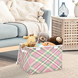 Pink Green Plaid Storage Basket 16.5x12.6x11.8 In Collapsible Fabric Storage Cubes Organizer Large Storage Bin with Lids and Handles for Shelves Bedroom Closet Office