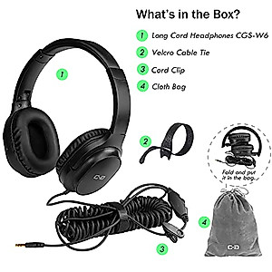 C G CHANGEEK Extra Long Cord Headphones for TV & PC with Volume Control, 18 Feet / 5.5M Extension Spring Coiled Cord, Universal 3.5mm AUX Audio, Wired Over Ear Stereo Headset, CGS-W6