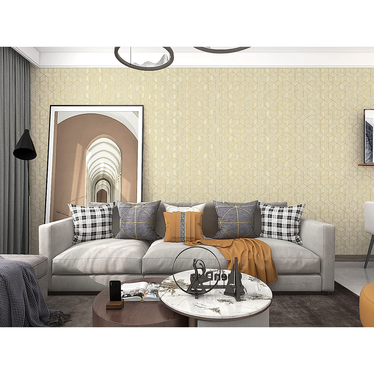 White and Gold Geometry Stripped Hexagon Peel and Stick Contact Paper self Adhesive Wallpaper Removable Vinyl Film Decorative Shelf Drawer Liner Sticker 118 inch x17.7 inch