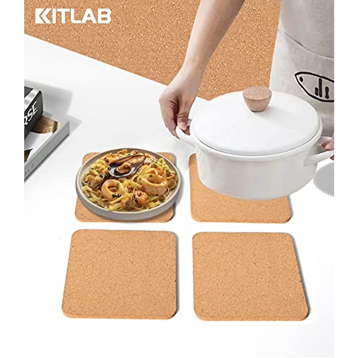 Cork Trivet, 4 Pcs High Density Thick Square Cork Trivets for Hot Dishes, 8 Inch Heat Resistant Multifunctional Cork Coaster, Cork Hot Pads for Table & Countertop
