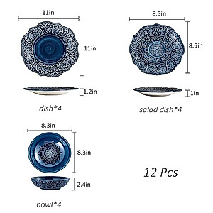 Chip Dinnerware,Kitchen Tableware Set,Ceramics Dinnerware Sets, Plates and Bowls Sets | 12 Pcs Blue Underglaze Dishes Set - Mexican Dinnerware for Restaurant Family Party