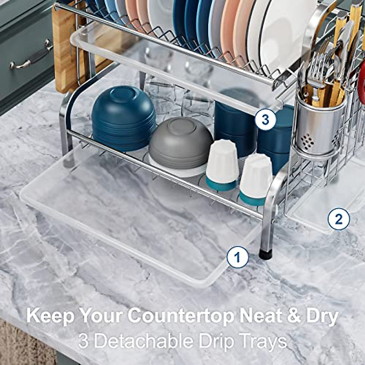 GSlife Stainless Steel Dish Drying Rack Rustproof 2 Tier Dish Rack for Kitchen Counter with 3 Drainboards, Tiered Dish Drainer with Utensils Holder,Cutting Board Holder, Silver