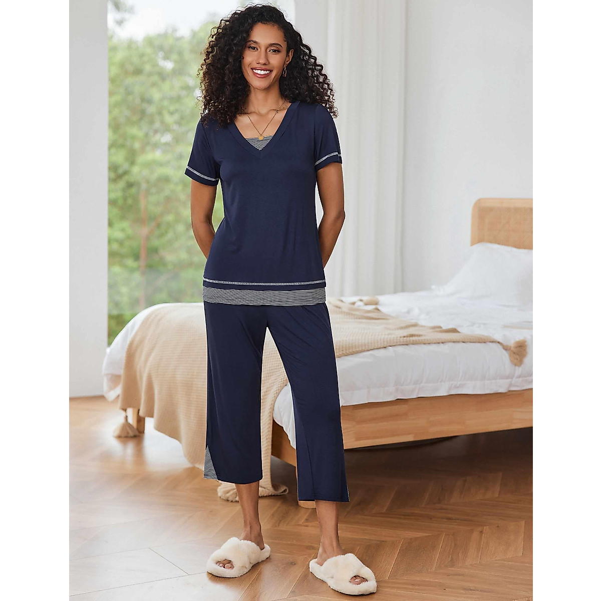 Ekouaer Capri Pajama Sets for Women Capri Pants with Short Tops Sleepwear Ladies Sleep Sets Short Sleeve Pjs Sets Soft Two Piece Loungewear Sets Navy Blue