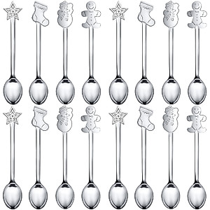 16 Pieces Christmas Spoon Set Christmas Stirring Spoon Creative Stainless Steel Coffee Spoon Tea Spoon Soup Spoon Dessert Spoon for Stirring Drink Mixing Milkshake Jam (4 Styles) (Silver)