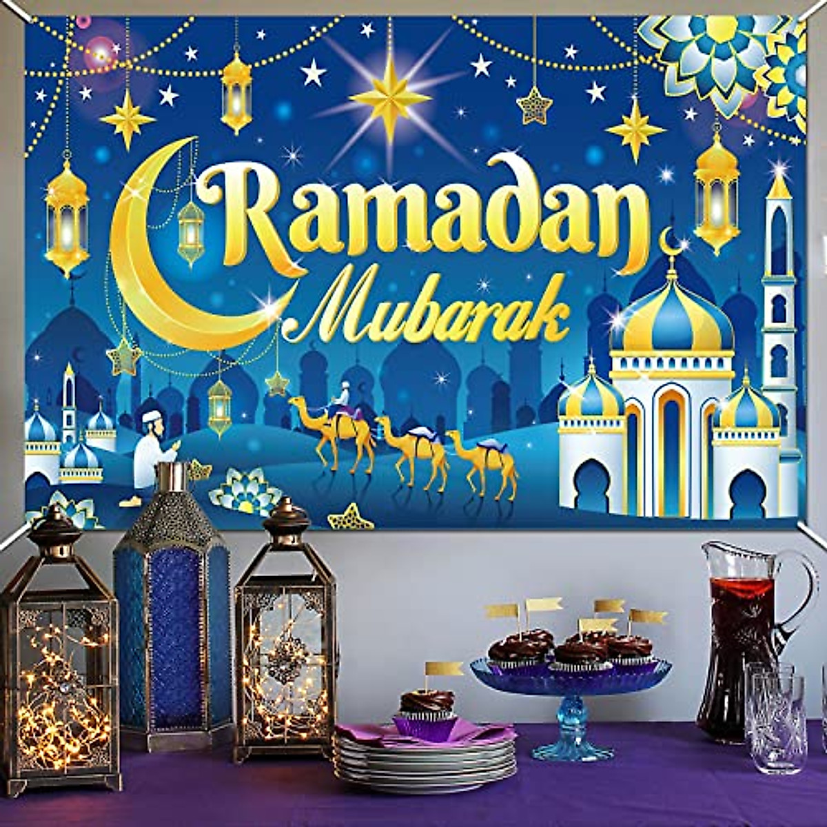 HOWAF Ramadan Mubarak Backdrop Banner Decorations, Eid Mubarak Background Banner for Muslim Ramadan Party Supplies, Ramadan Kareem Party Banner with Lanterns Moon Stars Castle Design