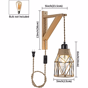 MUEOF Industrial Plug in Wall Sconce Set of 2, with 8.2ft Hemp Rope Cord, On/Off Switch,Farmhouse Wall Light with Metal Shade and Wood Bracket for Bedroom Living Room.