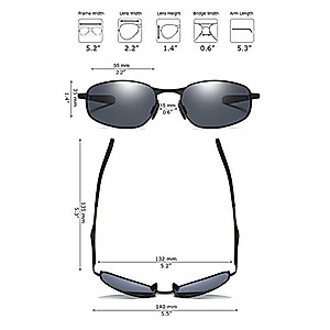 ZHILE Polarized Sunglasses Small Size Rectangular Wrap Metal Frame UV400 Protection (Black, 53)