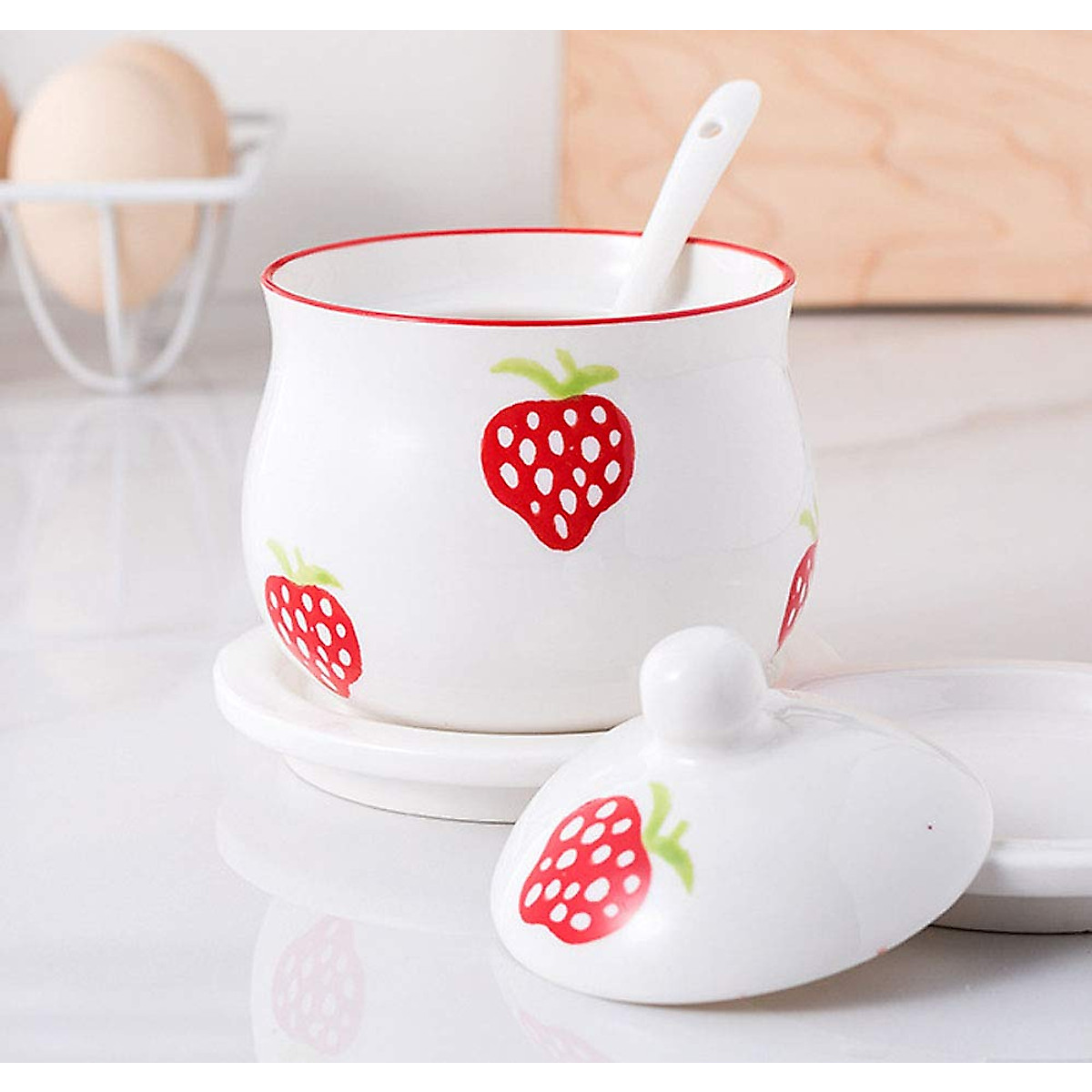 Mathew Hand-painted Strawberry Ceramic Seasoning Jar Condiment Pot Sugar Bowl with Lid and Spoon