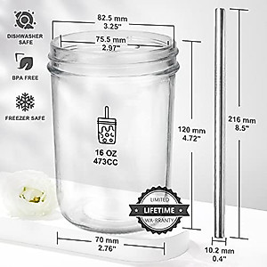 zunmial 4 Pack Smoothie Cup Boba Cup,16oz Mason Jar With Bamboo Lid and Straw, Bubble Tea Cups Mason Jar Cups