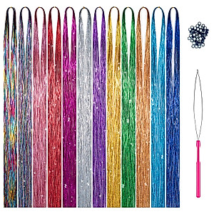 UPTOUP 46 inch Hair Tinsel Kit with Tools 12 Colors 2000 Strands Glitter Sparkling Shiny Hair Extensions Silk Fairy (12 colors)