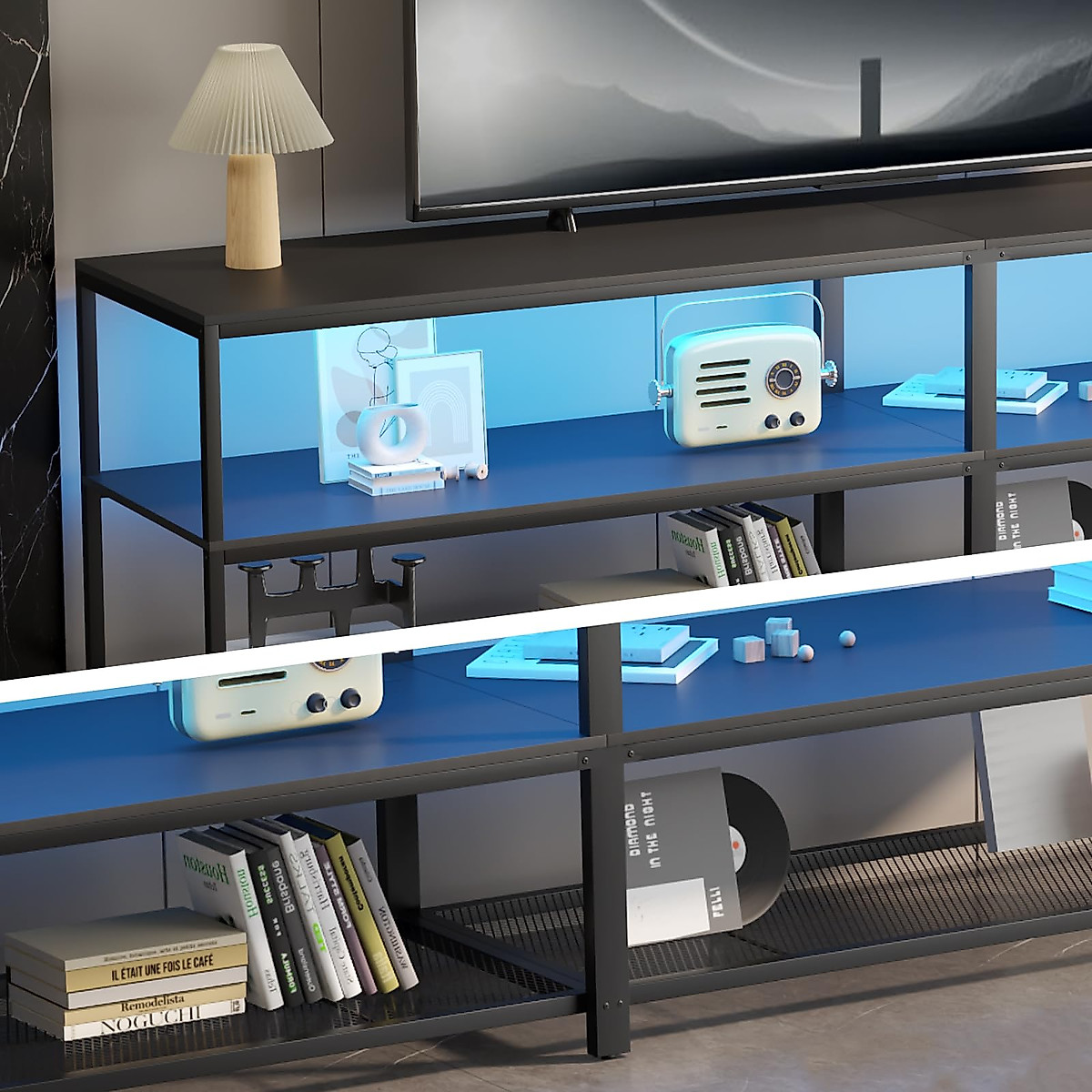 ADOFFUR 63 Inch Horizontal Bookshelf, Industrial 3 Tier Open Book Shelf with LED Strip and Outlets, Wood and Metal Long Bookcase for Home Office (Black)