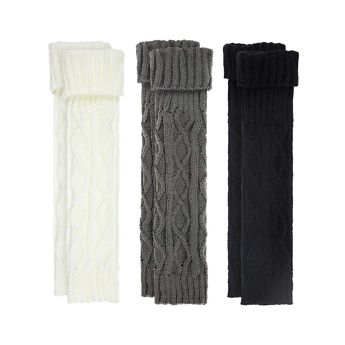 SATINIOR 3 Pairs Knit Leg Warmer Cable Footless Sock Winter High Leg Warmer for Women Girls (White, Light Gray, Black)