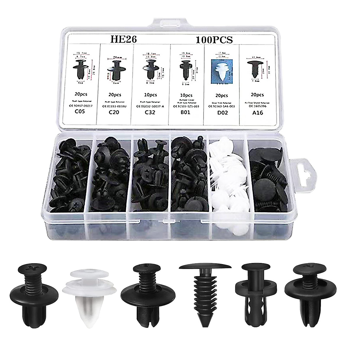 Dewkou 100 PCS Car Bumper Retainer Clips, 6.3mm 8mm 9mm 10mm Nylon Fasteners Rivet Replacement Kit, Push-in Screw Bumper Push Rivet Clip with Removal Tool, Suitable for Most Models (Black)