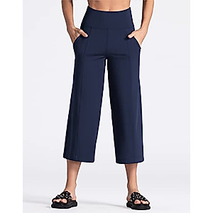 THE GYM PEOPLE Bootleg Yoga Capris Pants for Women Tummy Control High Waist Workout Flare Crop Pants with Pockets (Navy Blue, X-Large)