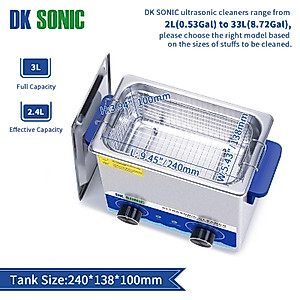 DK SONIC 3L Ultrasonic Cleaner,Stainless Steel Ultrasonic Jewelry Cleaner with Cleaning Basket,Timer and Heater,Mechanical Sonic Cleaner for Cleaning Carburetor Parts,Eyeglasses,Coins (110V,0.79Gal)