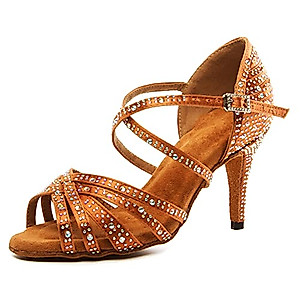 SWDZM Women's Rhinestone Dance Shoes Ballroom Latin Salsa Performance Practice Dancing Shoes,L377,Bronze,Heel 3 1/3'',US 9