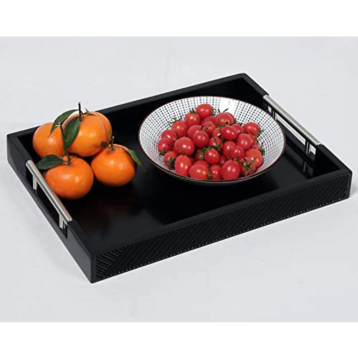 Serving Tray with Polished Metal Handles, 16.5''x12'' Rectangle Coffee Table Tray, Modern Decorative Tray, Large Ottoman Tray, Perfect for Storage and Display (Black)