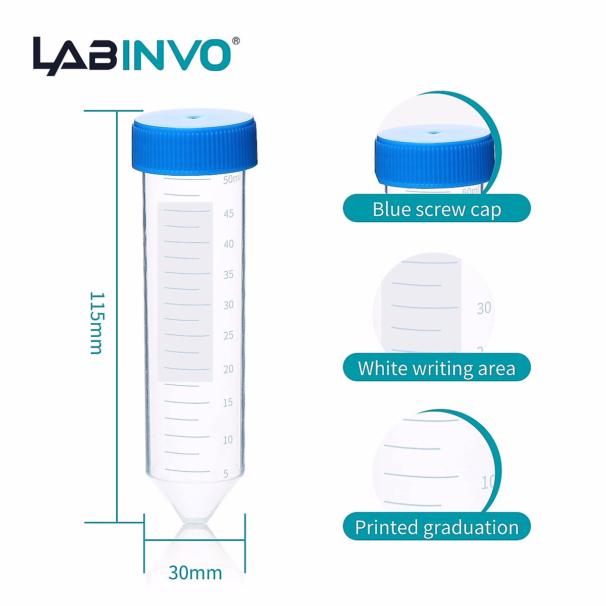 LABINVO 50ml Centrifuge Tube, Blue Screw Cap, Printed Graduation, E.O. Sterile Conical Tubes, 30x115mm, Pack of 50, IN-CT50EO