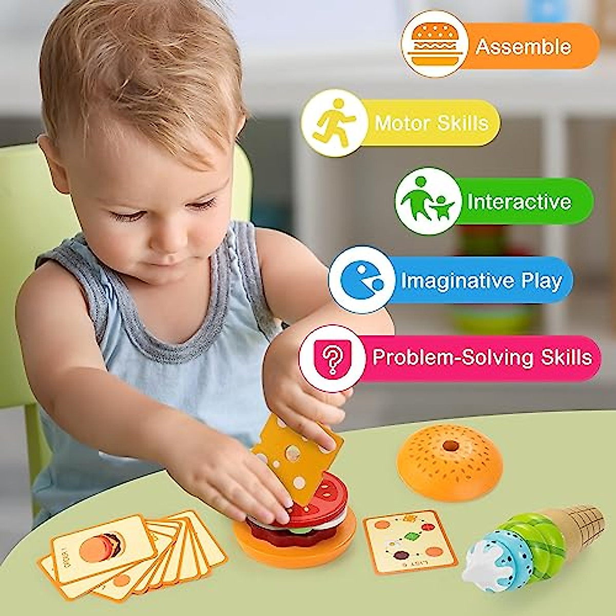 Bravmate Wooden Montessori Toys for 1 2 3 Years Old Kids, Realistic Burger & Ice Cream Toy, Stacking & Pretend Play for Little Chef, Preschool Play Fake Food Games, Educational Fine Motor Skills Toys