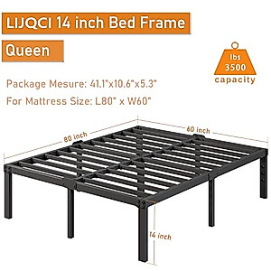 LIJQCI 14 inch Queen Bed Frame Metal Platform Frame no Box Spring Needed Black Heavy Duty Sturdy Steel Easy Assembly with Storage Sturdy Steel Slats Support 3500lbs