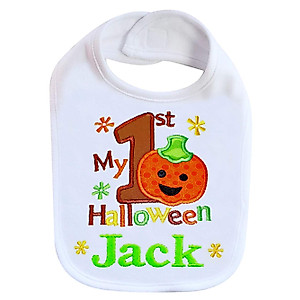 Fantasy Kids Designs First Halloween Bib Baby Unisex Bib Personalized with Custom Name (White Bib)