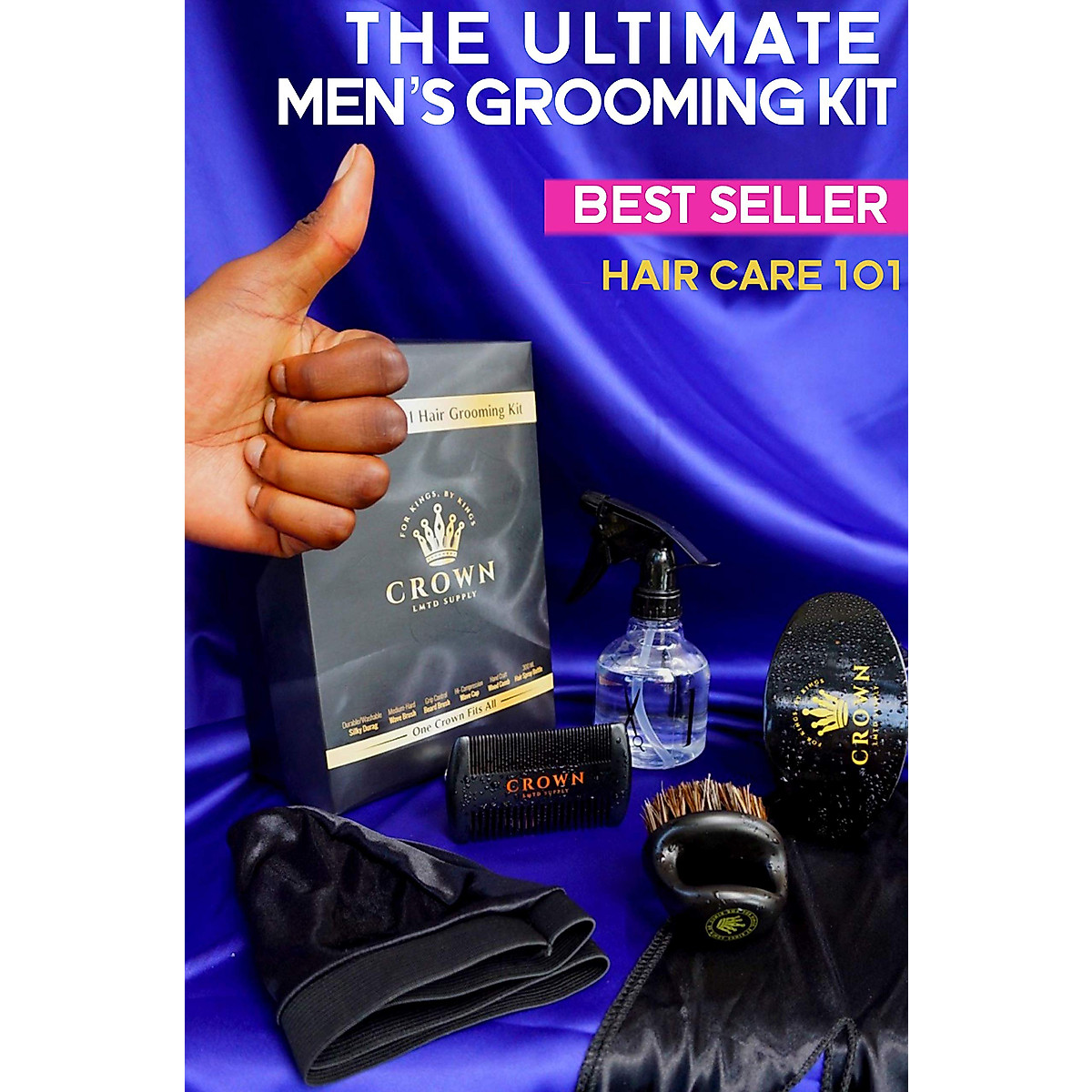 11 in 1 Deluxe Wave Kit - 3 Silky Durags for Men, Medium Hard Wave Brush, Crown Soft Bristle Brush Beard, Wood & Plastic Wave Comb, Spray Bottle, 2 Silky Stocking Wave Cap, Crown Mirror, Hair Care Kit