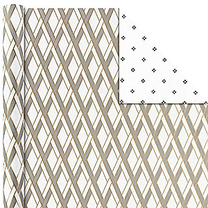 Hallmark Reversible Wrapping Paper Bundle with Ribbon & Gift Tag Stickers - Black, Gold Stripes, Plaid (3 Pack, 120 sq. ft. ttl, 30 Yds. Mini Ribbon, 36 Labels) for Graduations, Weddings, Christmas