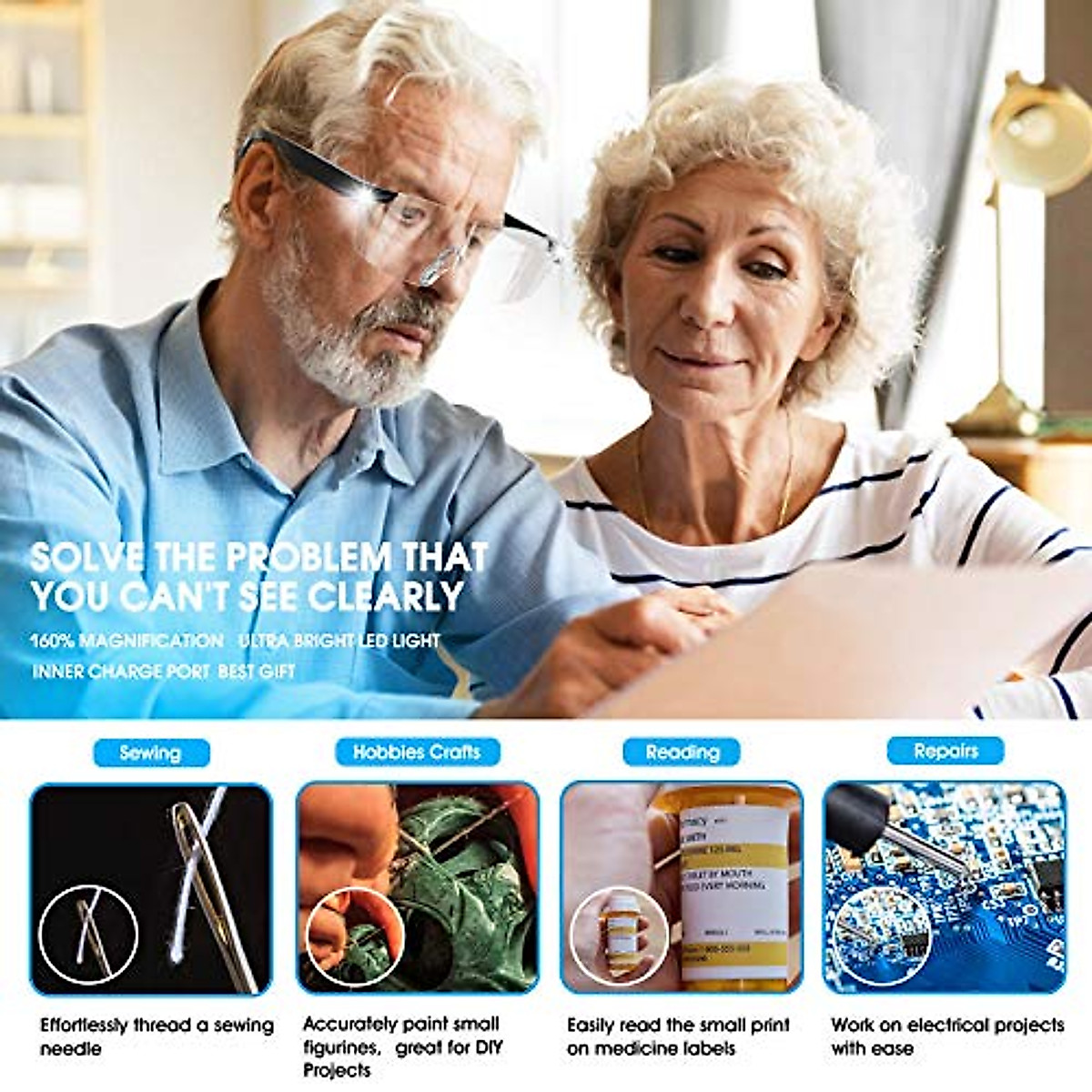 OuShiun 160% Magnifying Glasses with LED Light USB Rechargeable Magnifier Eyeglasses for Close Work Reading Hobbies Crafts