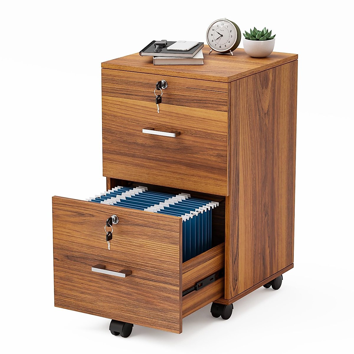 VINGLI 2-Drawer Rolling File Cabinet with Lock, Wood Mobile Filing Cabinet for Hanging Letter Size Filings Under Desk File Cabinet for Home Office, Assembly Required, Classic Walnut, 26.5" H