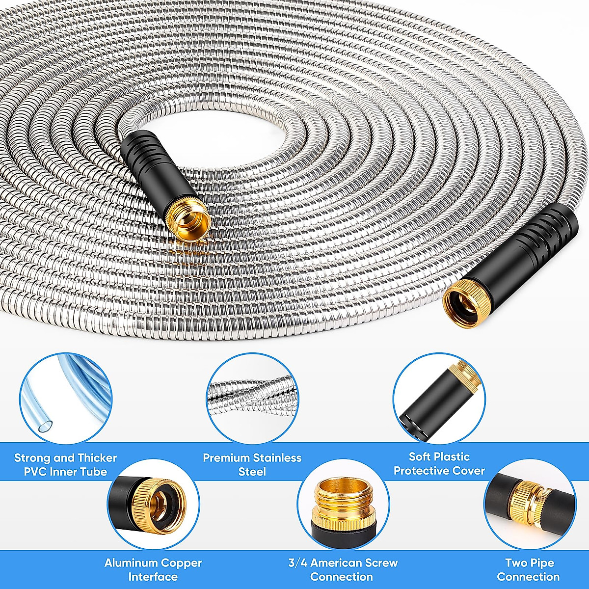 Garden Hose 50 FT, Metal Stainless Steel Water Hose with 10 Function Nozzles, No Kinks, Flexible Hose, Lightweight, Puncture Proof, Heavy Duty Hose for Yard and Outdoor
