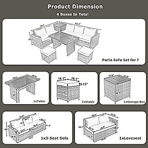 BIADNBZ 6-Piece Outdoor Furniture Set with Dining Table, Adjustable Seat and Storage Box, All Weather PE Rattan Patio Conversation Sofa L-Shaped Couch for Garden Lawn, Grey Wicker+Beige Cushion