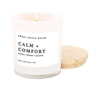 Sweet Water Decor Candles | Spa Scented Soy Wax Candle for Home | 11oz Jar Candle with Wood Lid, 50+ Hour Burn Time, Made in the USA (Calm + Comfort, White - 11 oz)