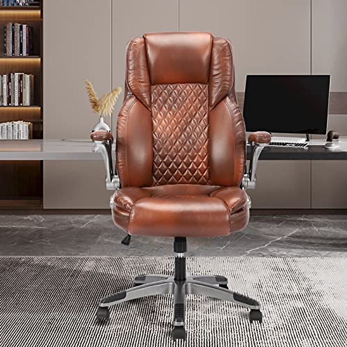 High Back Office Chair- Flip Arms Adjustable Leather Support Task Home Desk Chairs, Executive Computer Desk Chair Work Chairs, Thick Padded Strong Metal Base, Ergonomic Design for Back Pain