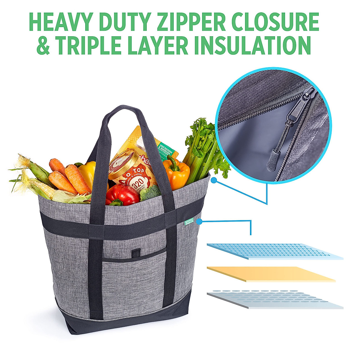 Jumbo Insulated Cooler Bag (Charcoal) with HD Thermal Foam Insulation. Premium Quality Soft Cooler Makes a Perfect Insulated Grocery Bag, Food Delivery Bag, Travel Cooler bag, or Beach Cooler