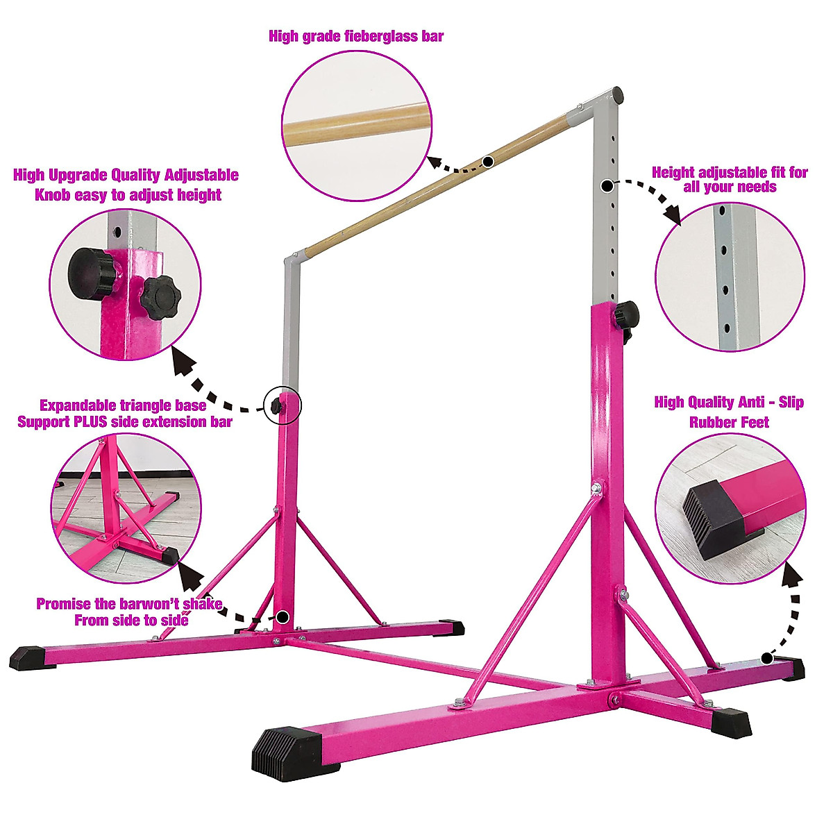 FC FUNCHEER Gymnastics bar for Kids Ages 5-20, Gymnastic Training bar Horizontal Bars-Height 35.4" to 59"/45" to 71", 5FT 6FT Base Length -Gymnastics Training Equipment for Home