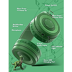 SIMJAR Kids Bluetooth Headphones with Microphone for School, Dinosaur Over-Ear Kids Wireless Headphones with Volume Limiter 94dB, Foldable Adjustable Headband for iPad/Airplane/Travel/Tablet (Green)