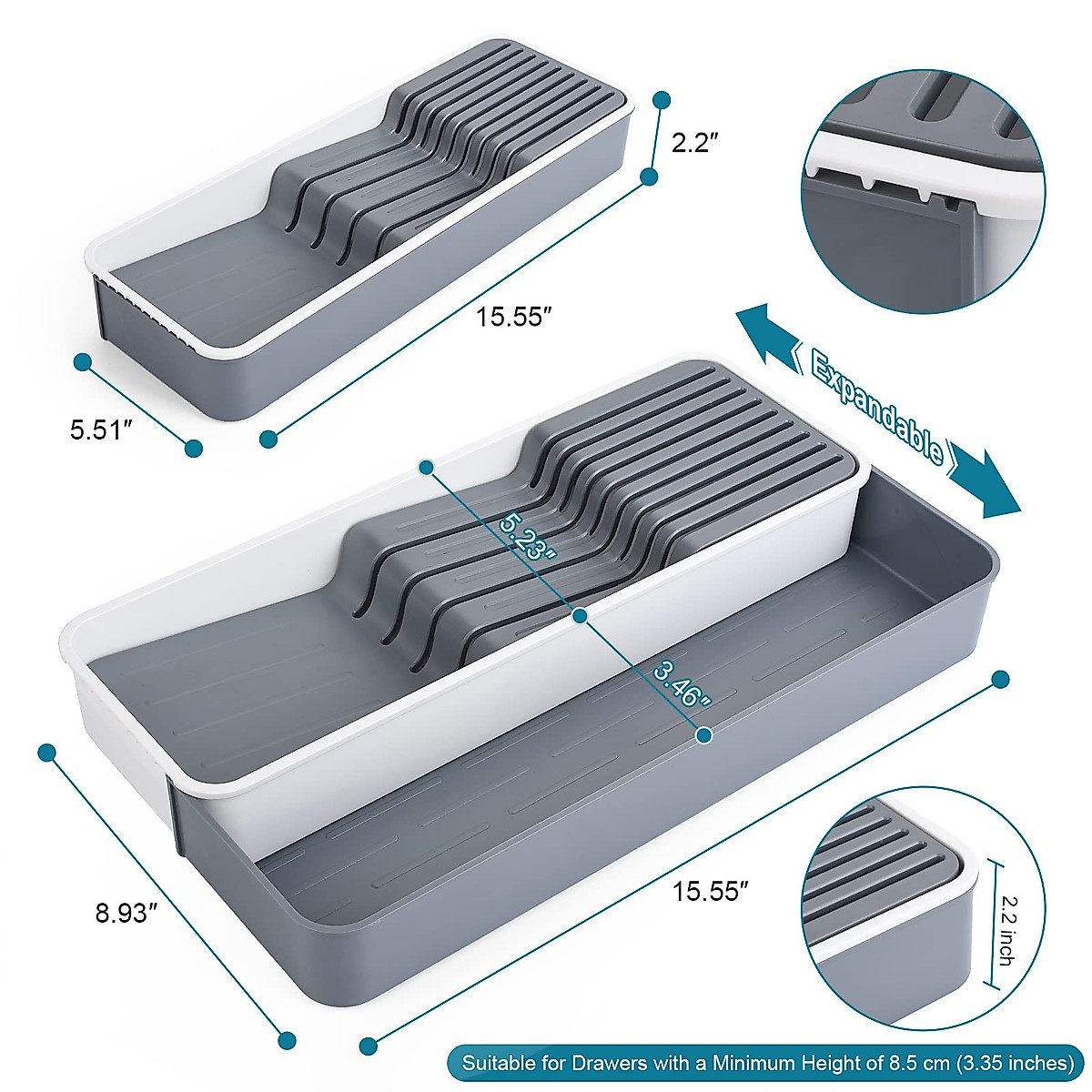 Expandable Kitchen Knife Drawer Organizer, Compact Cutlery Organizer Storage Knife Holder, With Adjustable Storage Tray for Knife Block, Insert-Holds 9 Knives and Store Other Kitchen Gadgets
