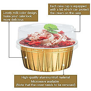 Dessert Containers with Lids,50-Pack Gold Aluminum Foil Baking Muffin Liners Cups Holders, Reusable Dessert Pudding Cups for Wedding,Christmas,Kitchen,Birthday Party,Various Parties