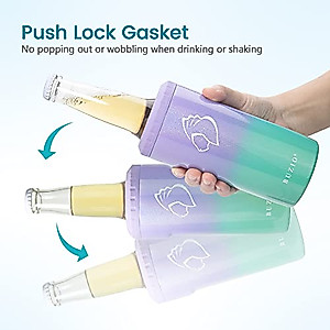 BUZIO 4-IN-1 Insulated Can Cooler for 12oz Skinny Cans, Regular Cans & Beer Bottles, Keep Cold for 6 Hours, Sweat Free Double Walled Stainless Steel Vacuum Beverage Can Insulator, Glitter Mermaid