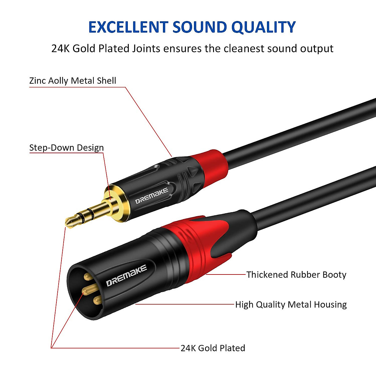 DREMAKE Male XLR to 3.5mm Audio Stereo Cable 10FT, Unbalanced 3.5mm to 3-Pin XLR Male Microphone Cable, Jack 3.5mm 1/8'' to XLR Patch Cable for Computer, Video Camera, Equalizer, Powered Amplifier