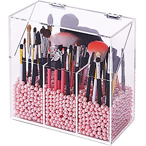 FOOCORDDY Covered Makeup Brush Holder with Dustproof Lid, Large Capacity Acrylic Clear Cosmetic Brush Storage Organizer for Vanity