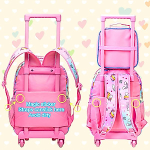 AGSDON 3PCS Rolling Backpack for Girls, Kids Roller Wheels Bookbag, Wheeled School Bag with Lunch Bag - Unicorn
