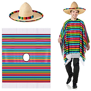 SATINIOR Mexican Serape Poncho Costume Mexican Sombrero with Rainbow Serape Edge and Band (Adult)