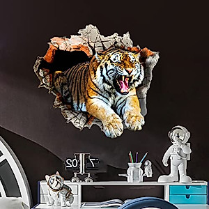 Pinenjoy 3D Tiger Wall Decal Smashed Wild Animal Wall Sticker 23.62x23.62inch Removable Self-Adhesive Vinyl Jungle Animal Wall Mural for Nursery Playroom Kids Room Bedroom Wall Decors