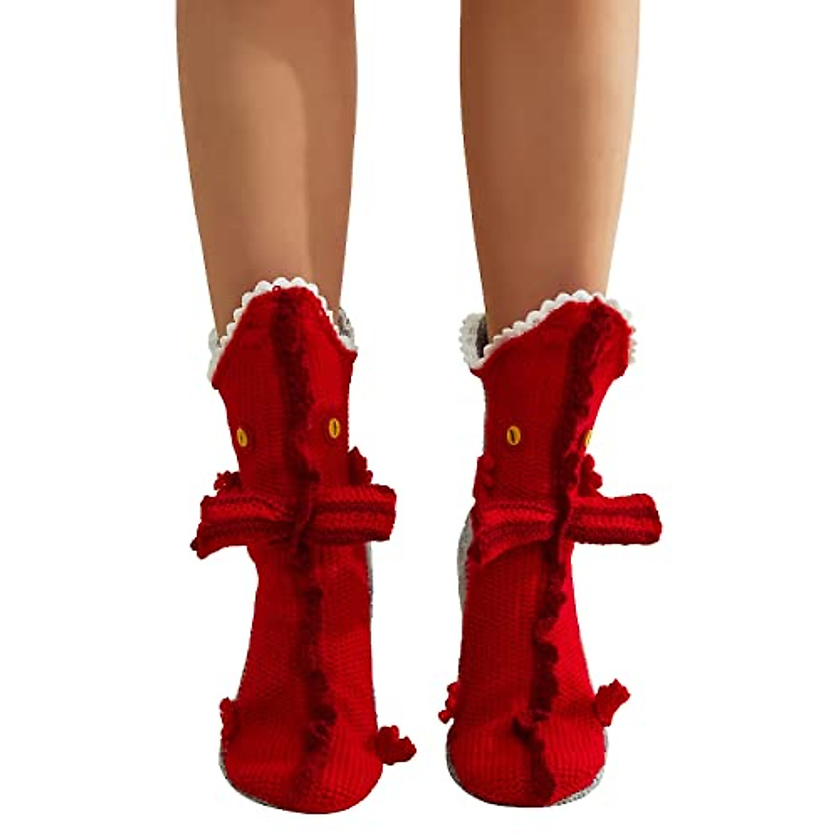 Unisex Knit Funny Animal Crocodile Socks Wool Warm Novelty Shark Floor Socks Winter 3D Chameleon Thick Knit Socks (Red Dragon, One Size)