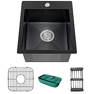 Black Kitchen Sink, Stainless Steel Topmount Bar Sink 15x17x9 Inch Single Bowl Drop In Kitchen Sink Combo-Stainless Steel Sink Grid,Drain Basket,Faucet Mat,Drain Strainer Set for Modern Kitchen Sink