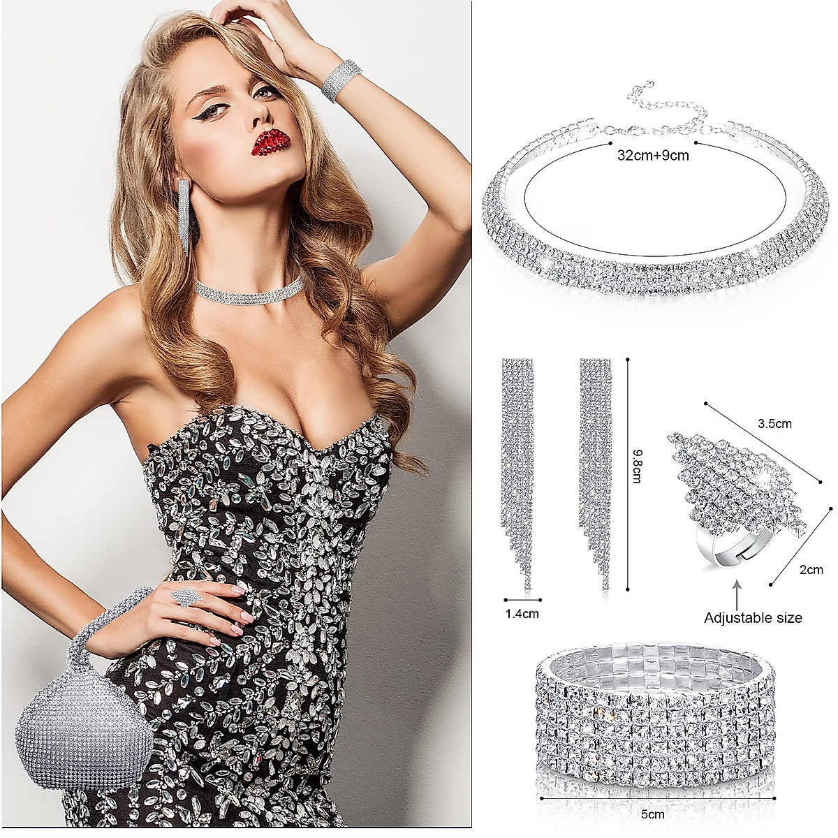 5 Pcs Women Crystal Jewelry Set Wedding Triangle Bling Evening Clutch Bag Glitter Rhinestone Stretch Choker Necklace Bracelet Ring Dangle Fringe Earrings for Bride and Bridesmaids (Silver)