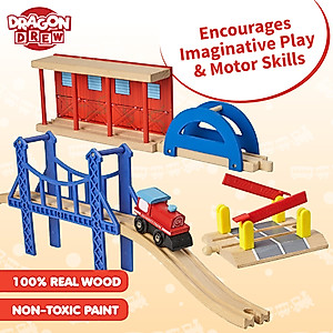 Dragon Drew Wooden Train Accessory Set – Includes Train Car, Station Platform, Raised Bridge and Tracks and Railroad Crossroad - Compatible with Brio, Thomas, Chuggington and All Major Brands