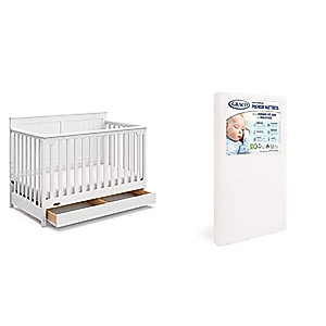 Graco Hadley Convertible Crib and Mattress Set, White | Includes 4-in-1 Convertible Crib with Drawer, Premium Foam Crib and Toddler Mattress